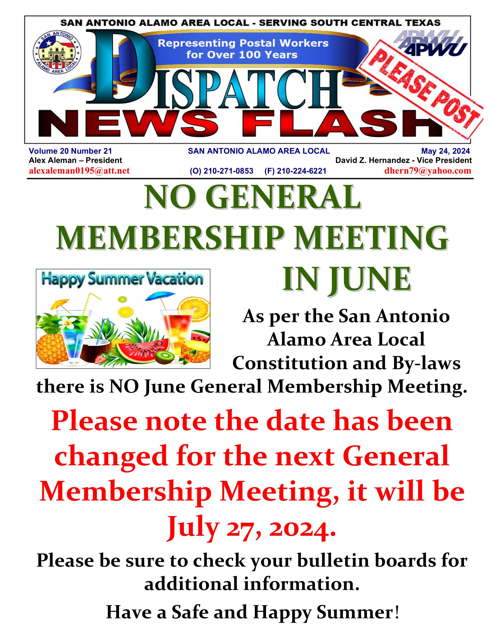 NewsFlash 20-21 NO General Membership Meeting in June - APWU